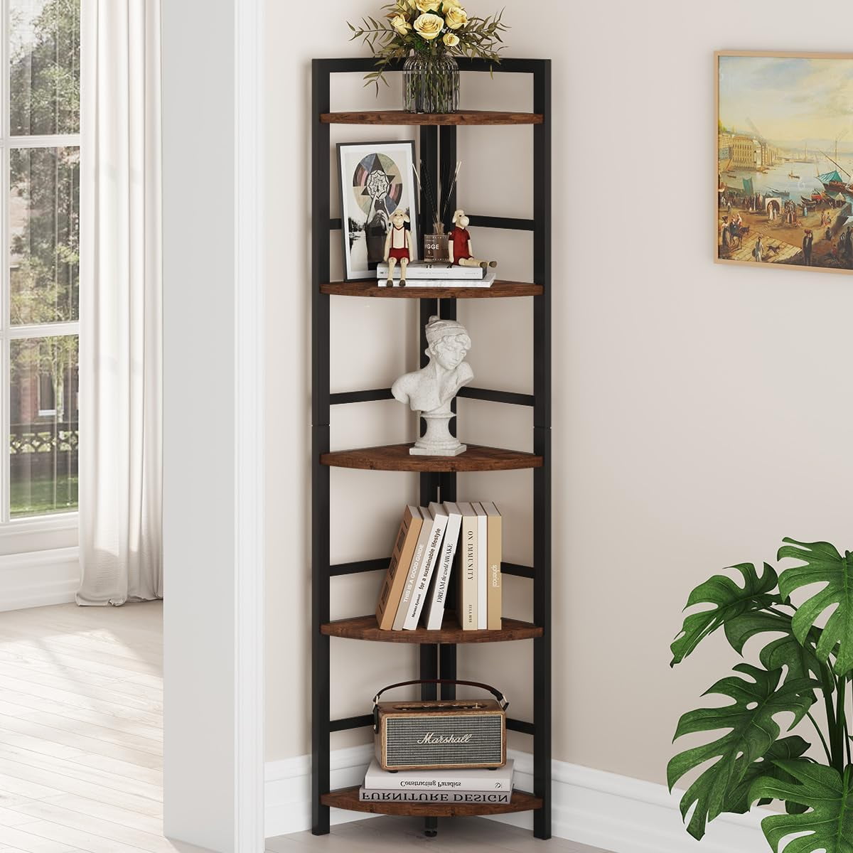 5 Tier Corner Bookshelf, Industrial Corner Shelf Stand, Narrow Tall ...