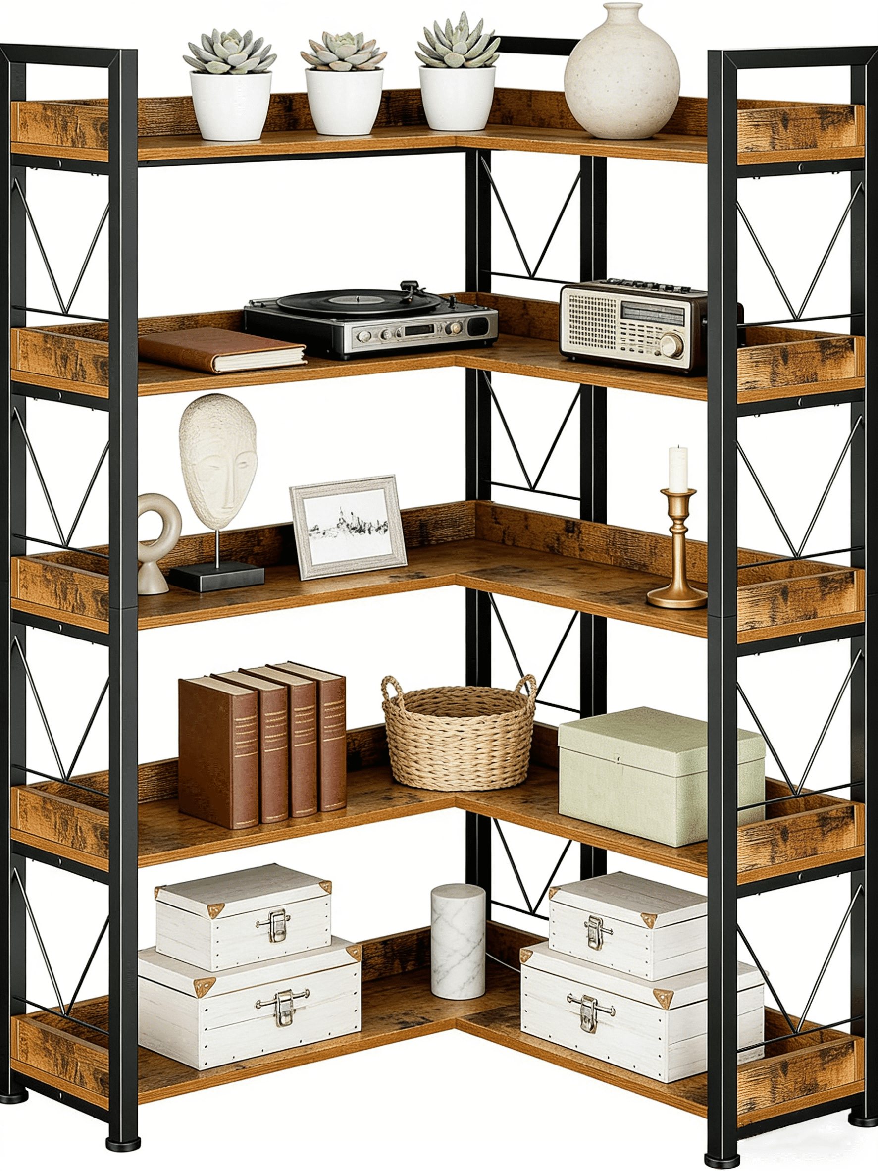 5-Tier Corner Bookshelf, L Shaped Industrial Bookcase with Metal Frame ...
