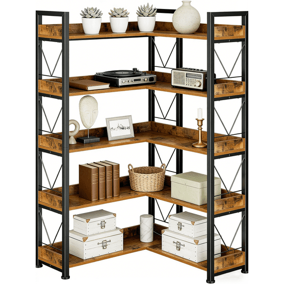 5-Tier Corner Bookshelf, L Shaped Industrial Bookcase with Metal Frame ...
