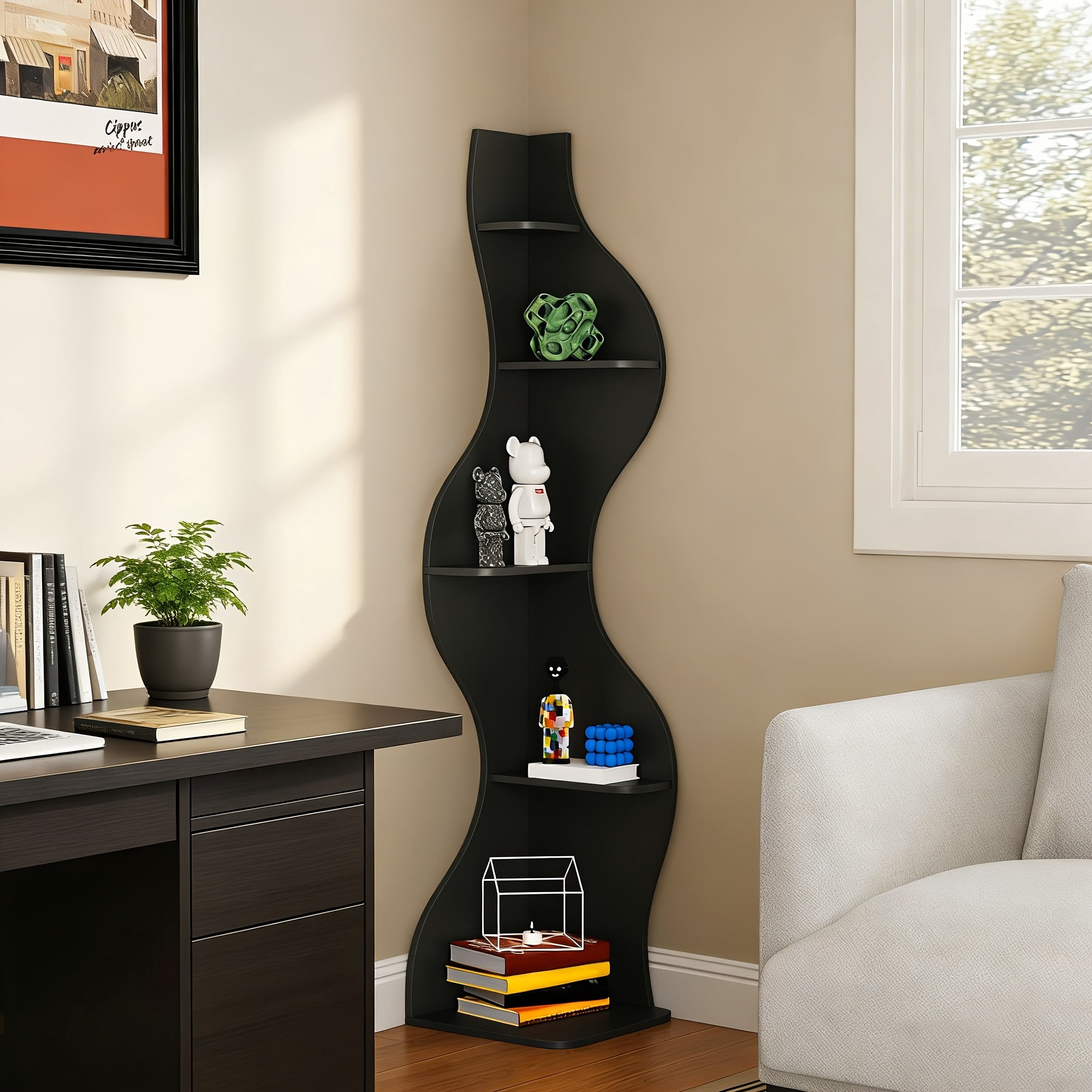 5 Tier Corner Bookshelf | Modern Black Bookcase with Freestanding ...