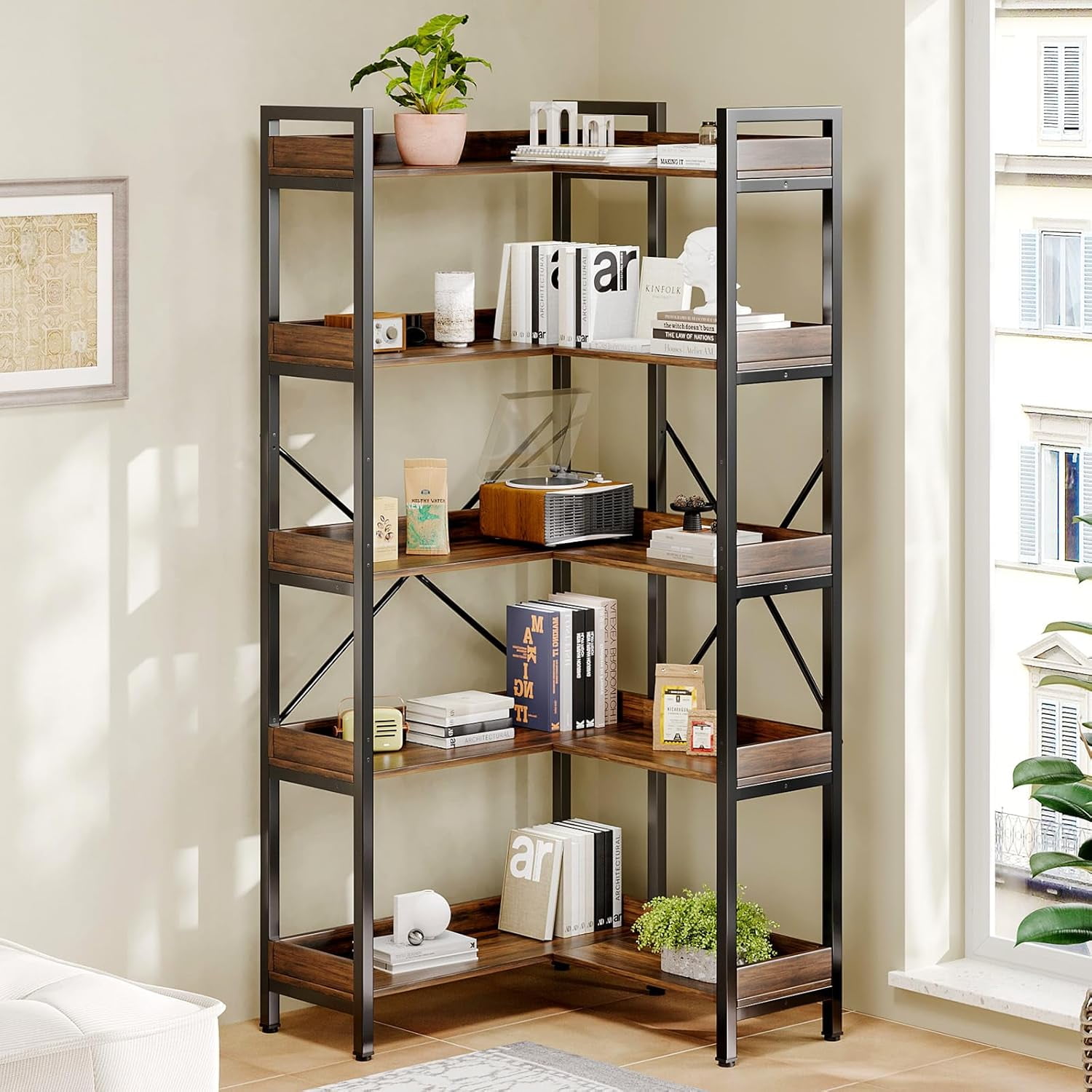 5-Tier Corner Bookshelf - Modern Tall Corner Bookcase with Sturdy Metal ...