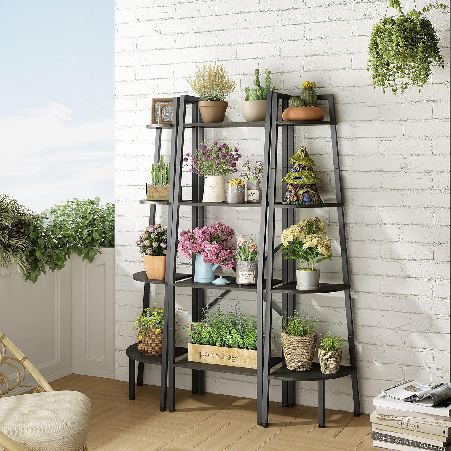 5-Tier Corner Bookshelf, Rustic Ladder Shelf, Industrial Display Stand ...