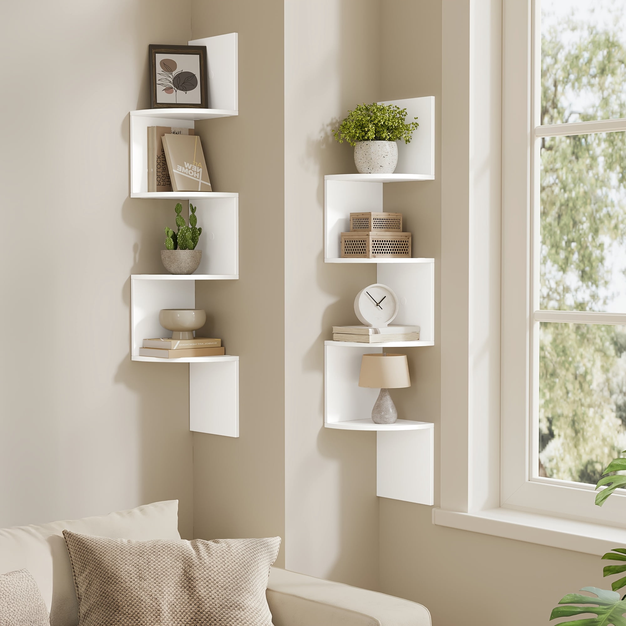 5-Tier Corner Floating Wall Mount Shelf, Radial Space-Saving Storage ...