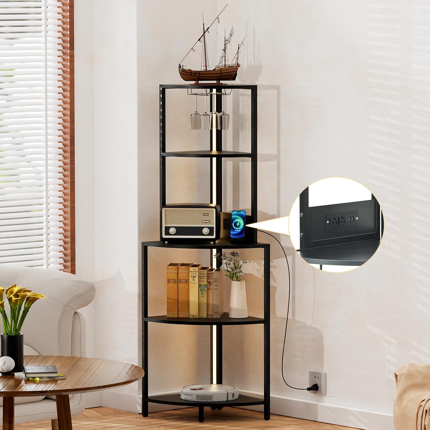 5-Tier Corner Shelf with 2 Power Outlets and 2 USB Ports, Tall Corner ...