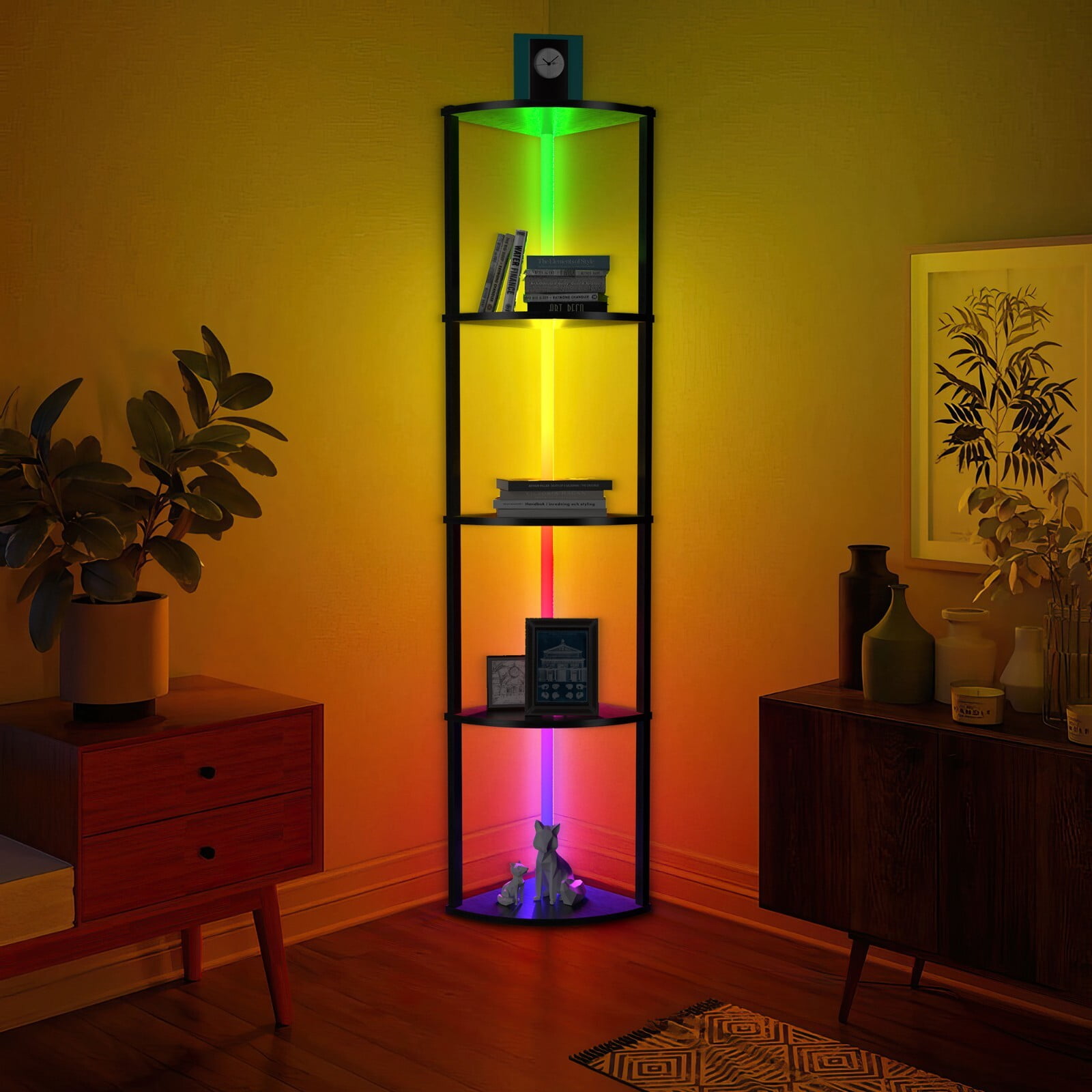 5-Tier Corner Shelf 64" Tall Wood Corner Bookcase Bookshelf with RGB ...