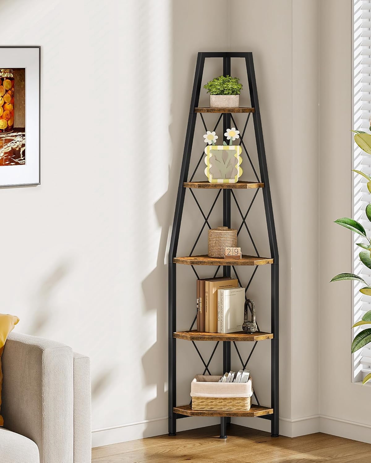 5-Tier Corner Shelf, Corner Bookshelf, Ladder Shelf, Floor Standing ...