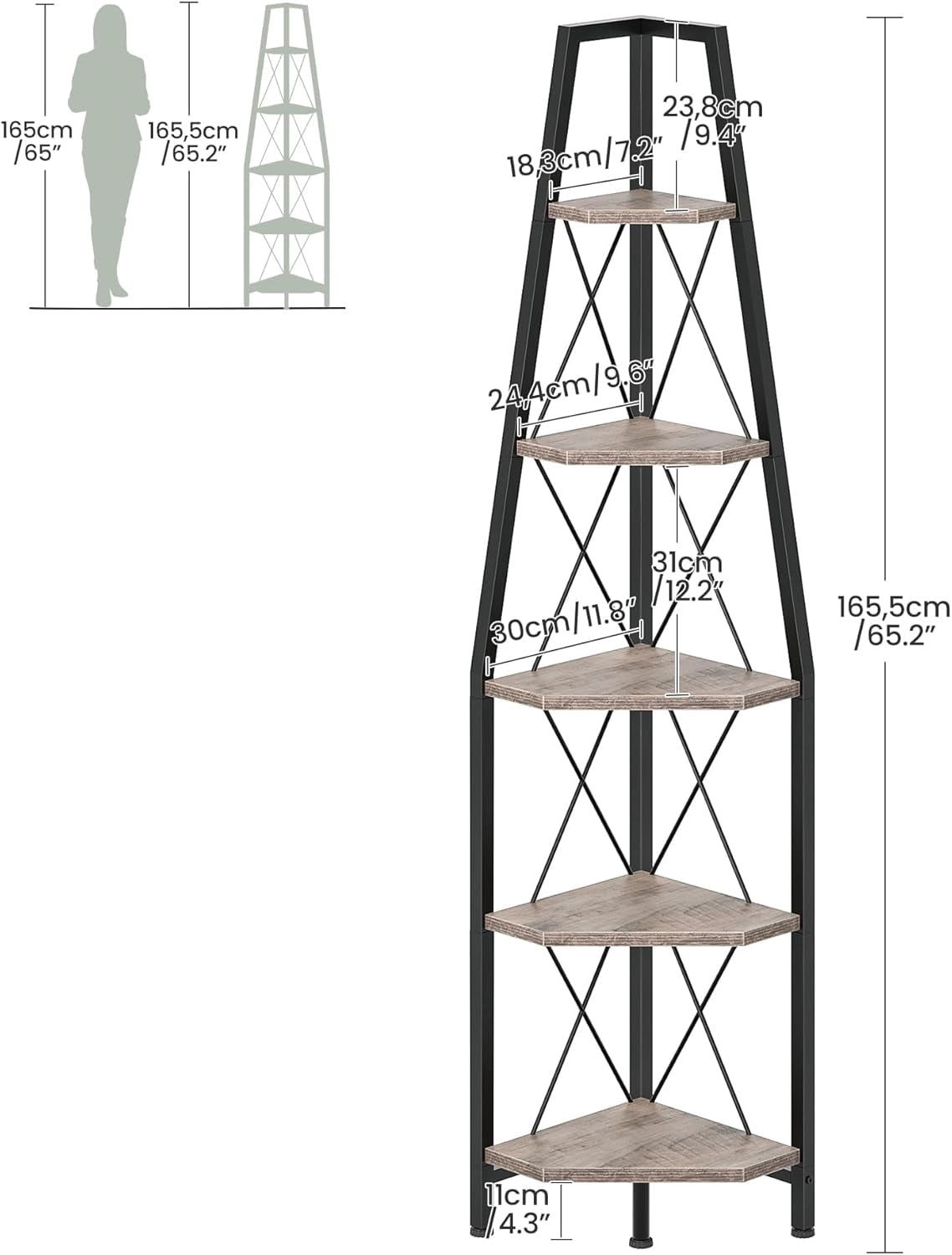5-Tier Corner Shelf, Corner Bookshelf, Ladder Shelf, Floor Standing ...