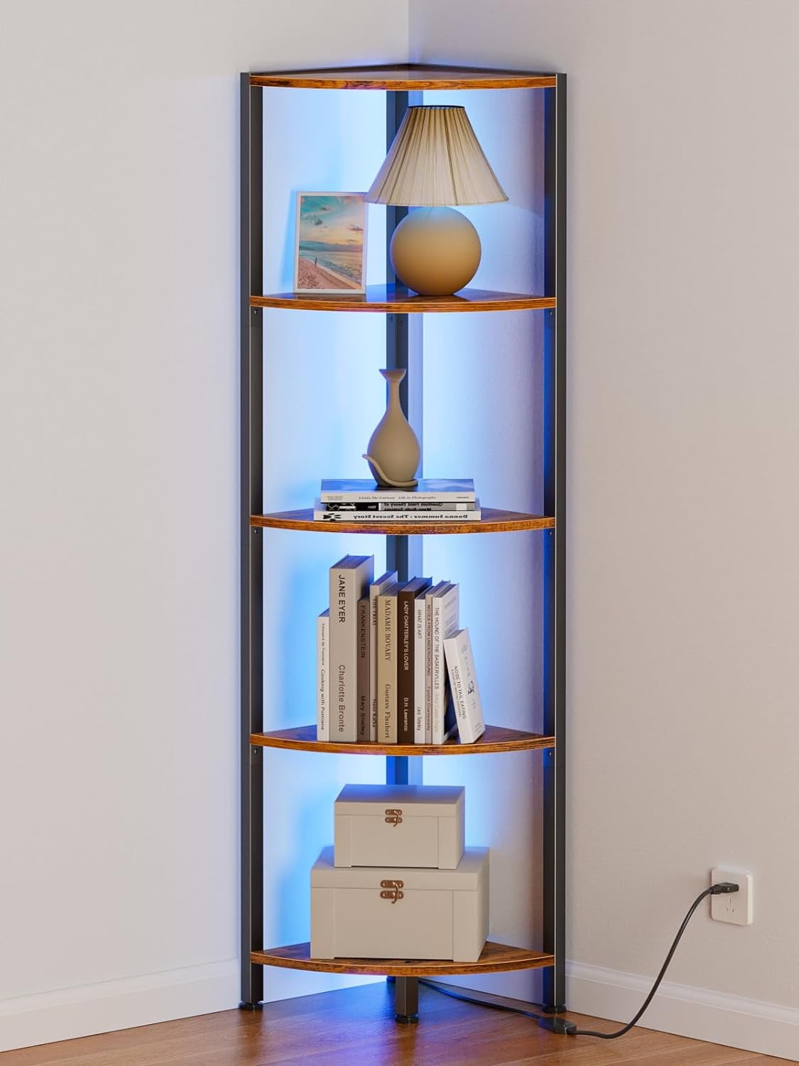 5 Tier Corner Shelf with LED Light, 54.7” Tall Standing Shelf Organizer ...
