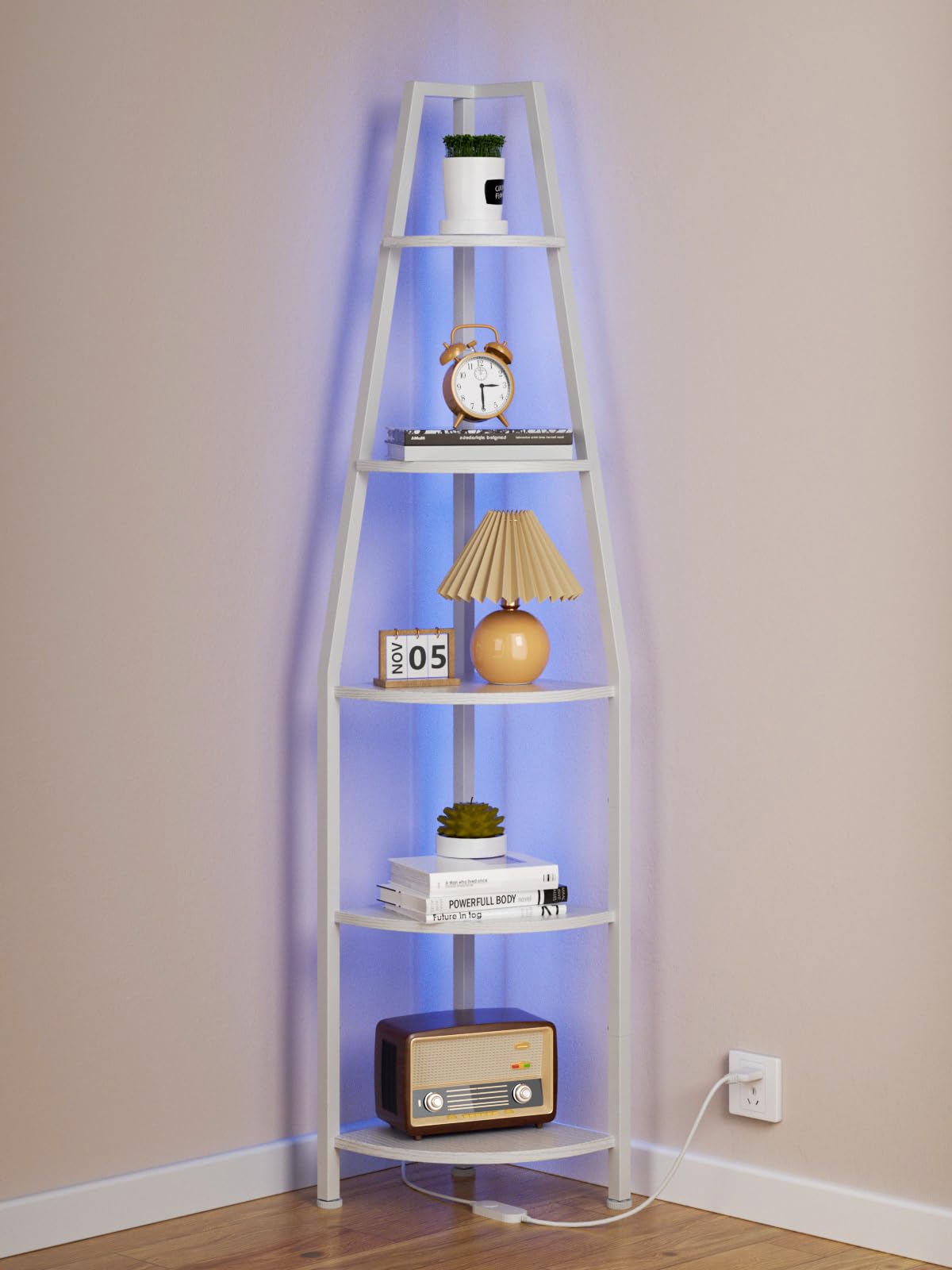5 Tier Corner Shelf with LED Light, 67.2” Tall Standing Shelf for Wall ...