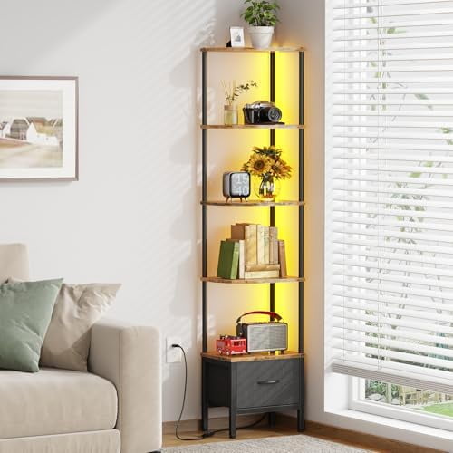 5-Tier Corner Shelf with LED Light and Fabric Drawer, 67" Tall Narrow ...