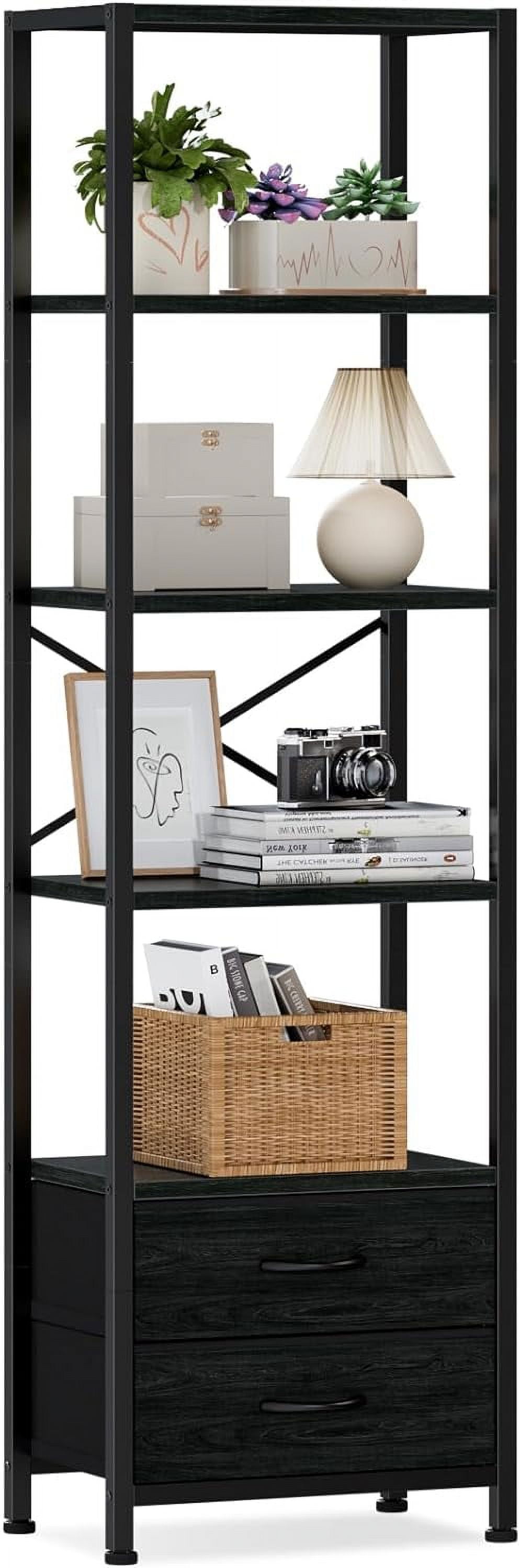 5-Tier Corner Shelf, Narrow Bookshelf with 2 Storage Drawers, 65.16 ...