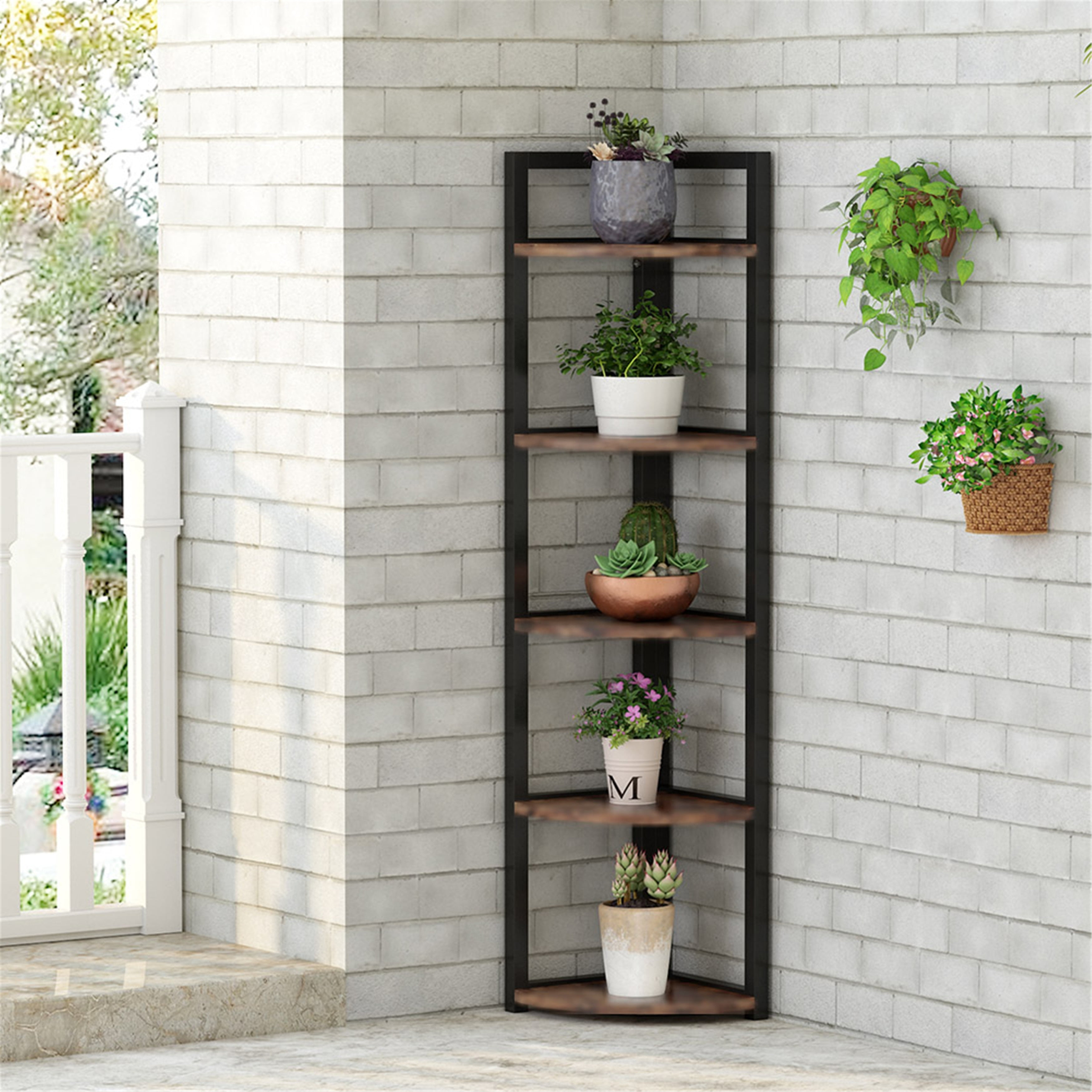 5 Tier Corner Shelf, Rustic Corner Storage Rack Plant Stand Black/Brown ...
