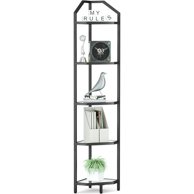 5-Tier Corner Shelf Stand, Black Corner Bookshelf, Bathroom Storage ...