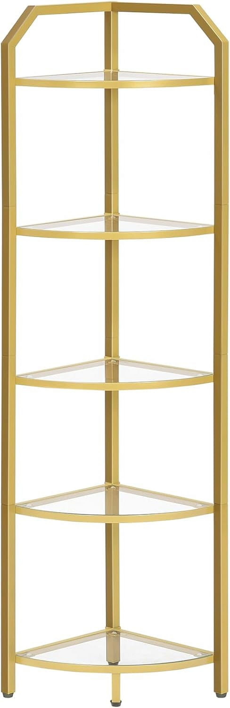 5-Tier Corner Shelf Stand, Gold Bookshelf, Tempered Glass Shelves ...