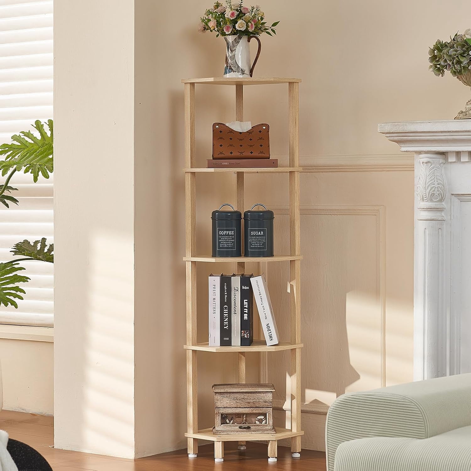 5-Tier Corner Shelf with Sturdy 5-Leg Base, Wooden Corner Bookshelf for ...