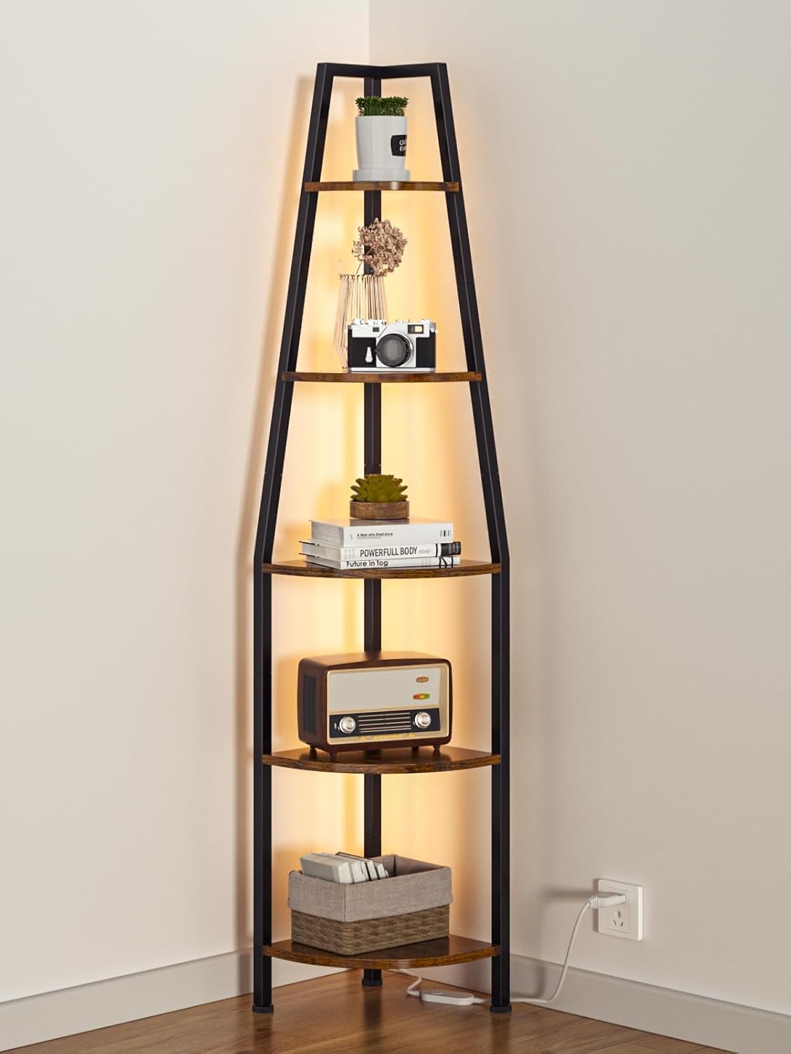 5 Tier Corner Shelf with LED Light, 67.2” Tall Standing Shelf for Wall ...