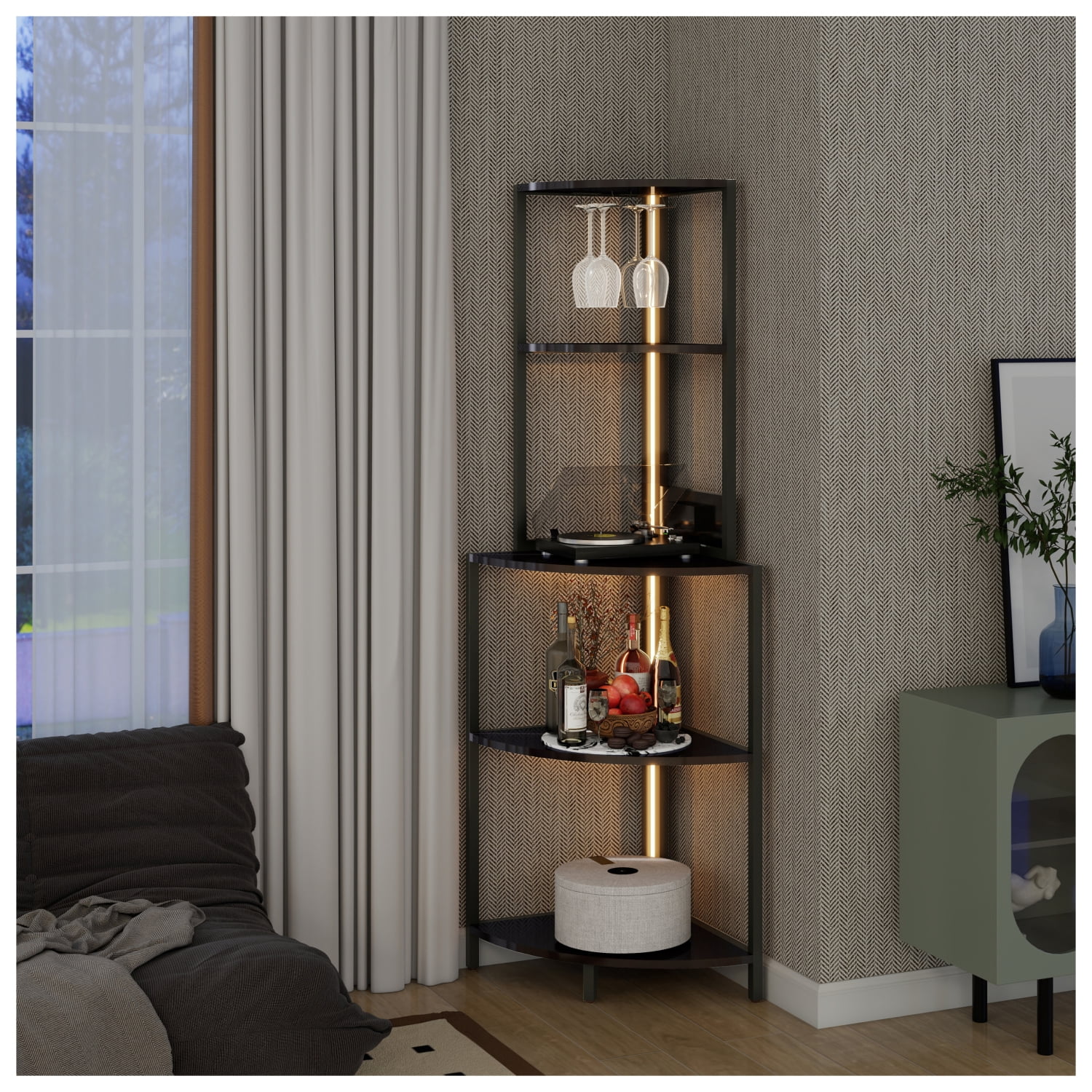 5 Tier Corner Shelf with LED Light and USB Plug, With Glass Holder ...