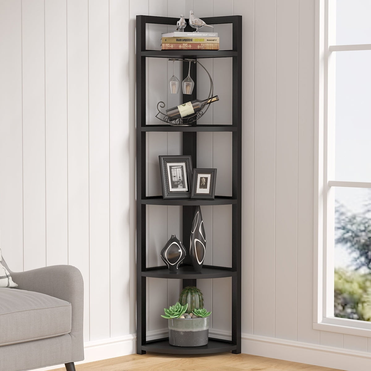 5 Tier Corner Shelves, Rustic Industrial Corner Bookshelf Bookcase ...
