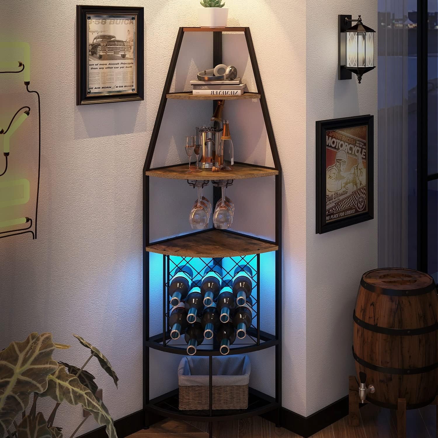 5-Tier Corner Wine Rack with LED Light Floor Standing Wine Rack with ...