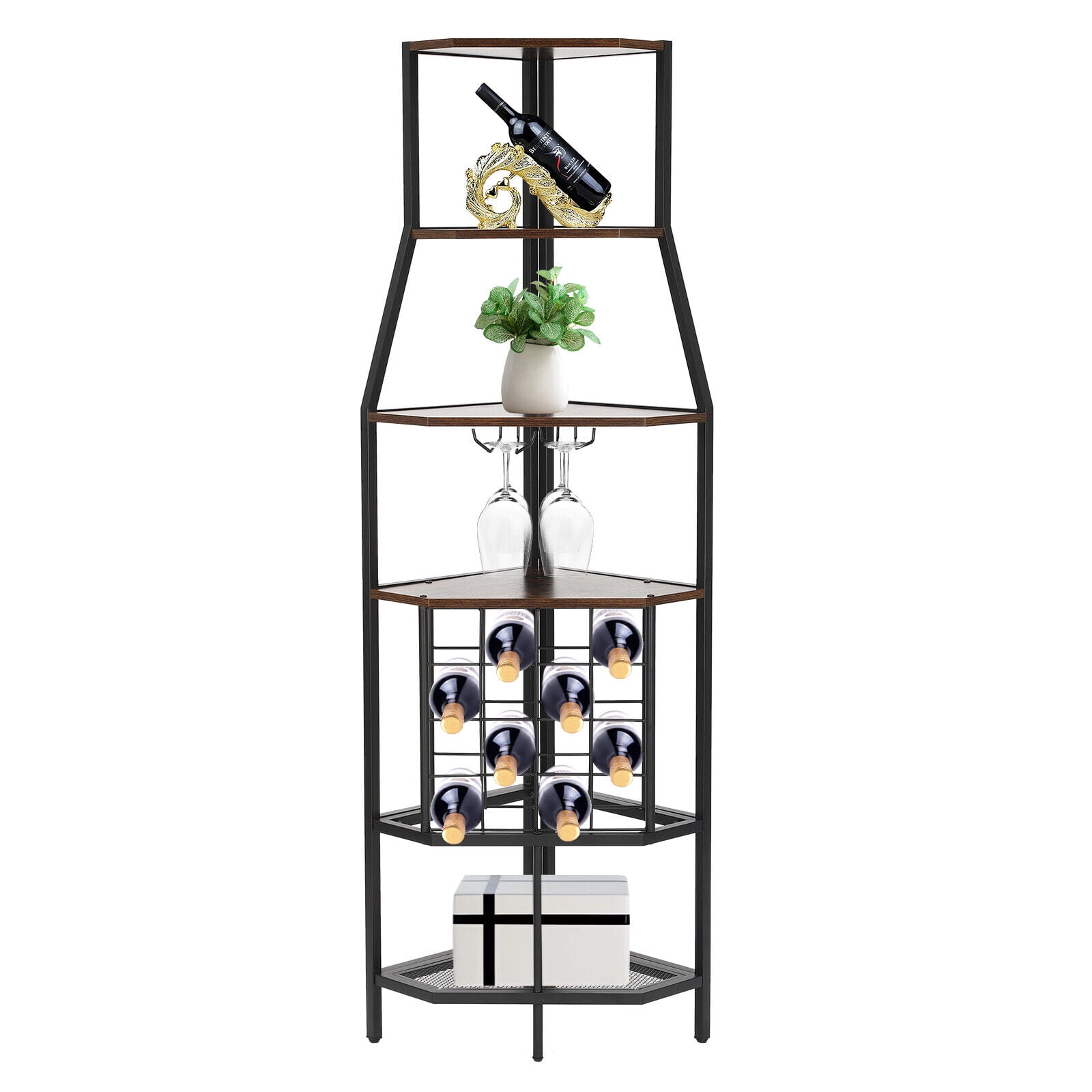 5-Tier Corner Wine Rack W/Glass Holder+Storage Shelf Industrial Corner ...