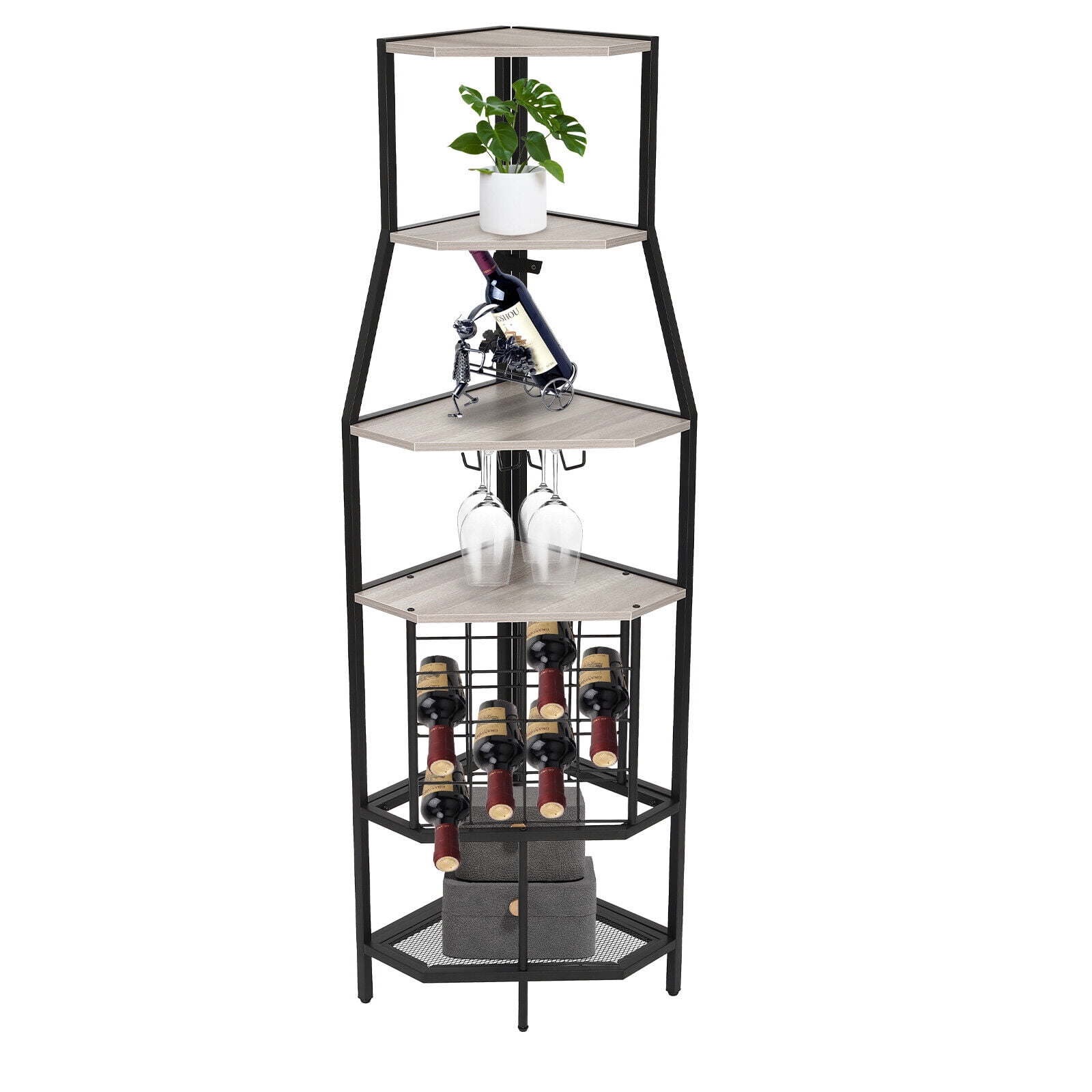5-Tier Corner Wine Rack W/Glass Holder+Storage Shelf Industrial Corner ...