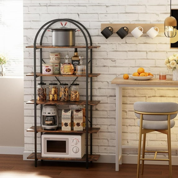 5 Tier Curved Arched Bookshelf Rustic Brown Industrial Open Shelf ...