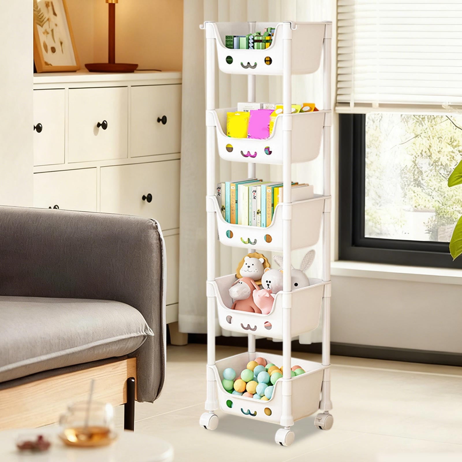 5-Tier Cute Storage Rack with Wheels, Large Durable Rolling Utility ...