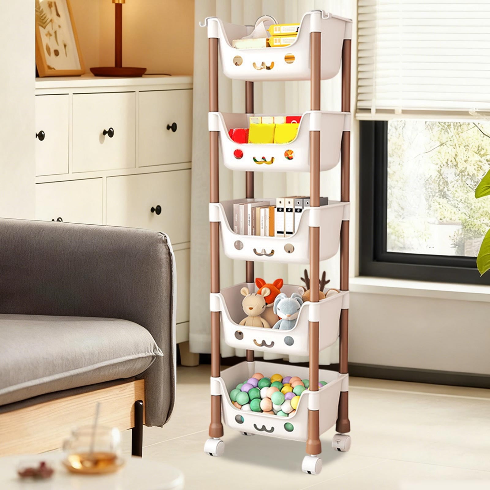 5-Tier Cute Storage Rack with Wheels, Large Durable Rolling Utility ...