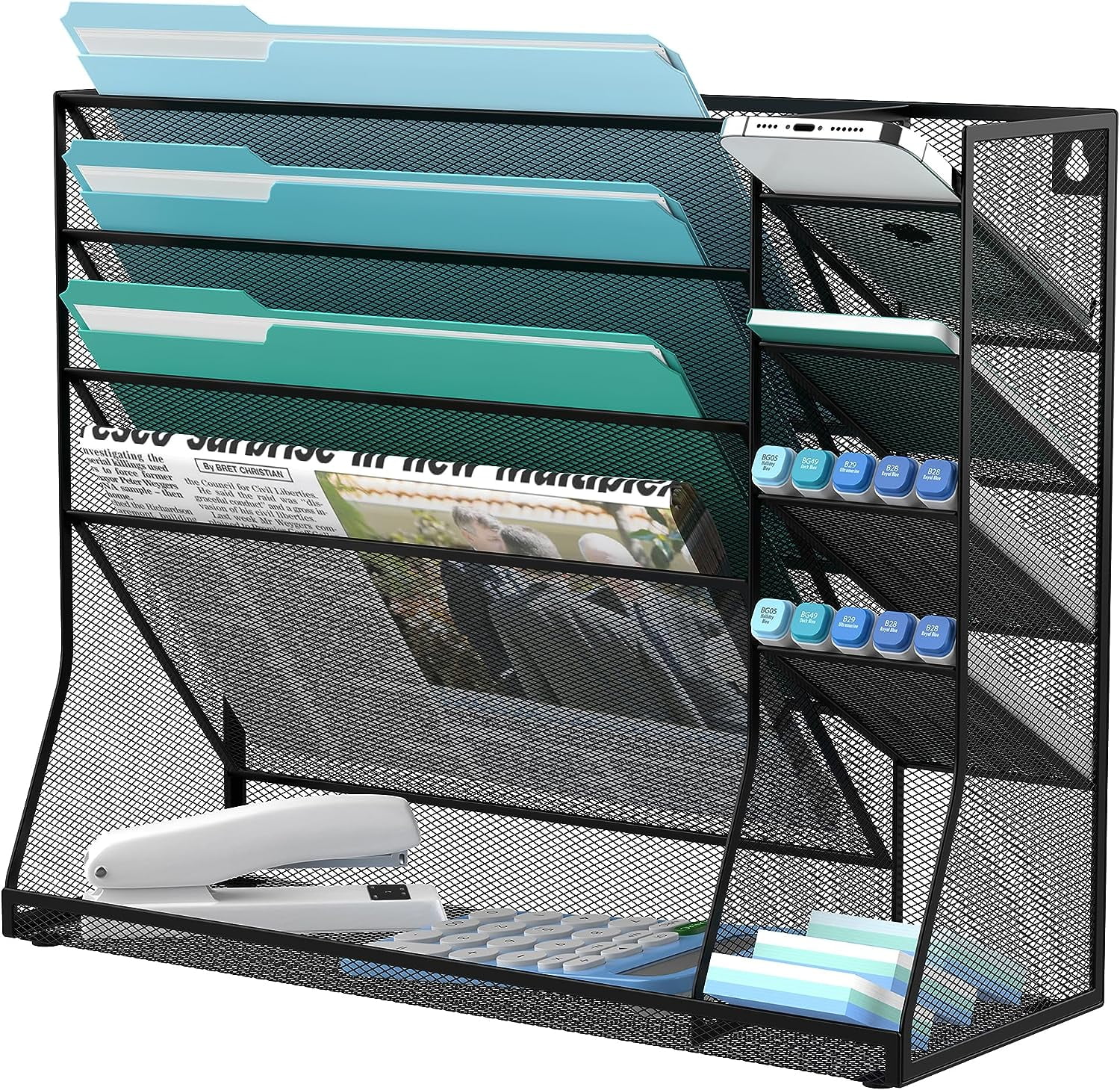 Black 5-Tier Metal Document Sorter, Desk and Wall Organizer with 4 Pen ...