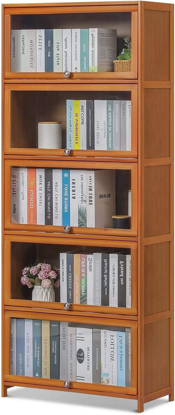 5-Tier Display Bookcase with Clear Acrylic Flip-Up Doors, Bamboo ...
