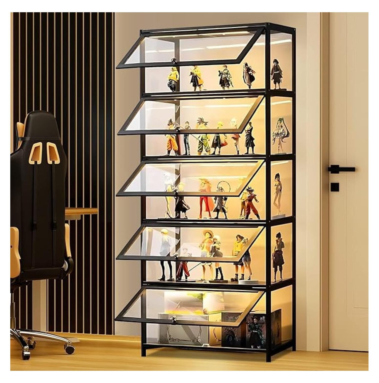 5-Tier Display Cabinet with Acrylic Doors, 67” Transparent Curio Display Case for Figures ...