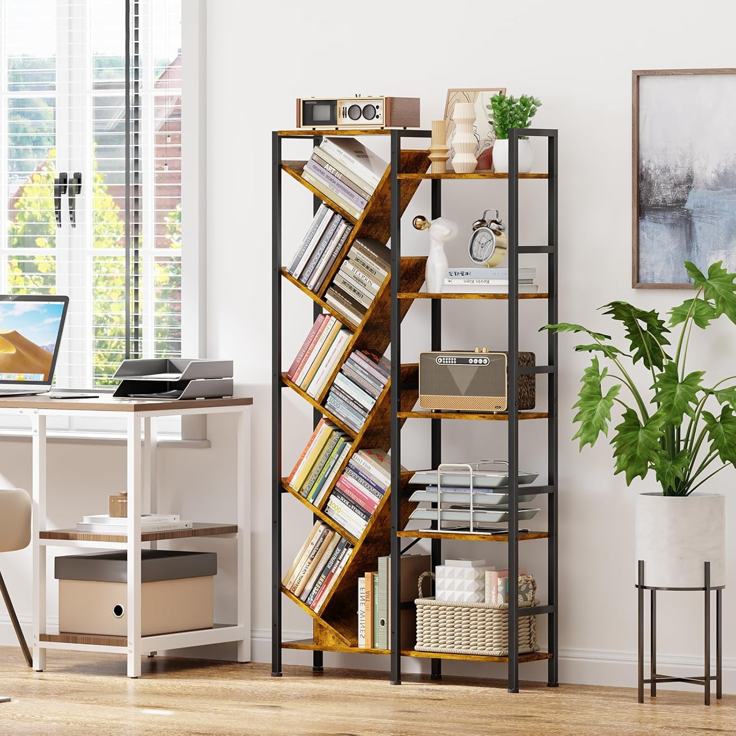 5-Tier Double Wide Bookshelf 67" , Industrial Tree BookShelves, Vintage ...