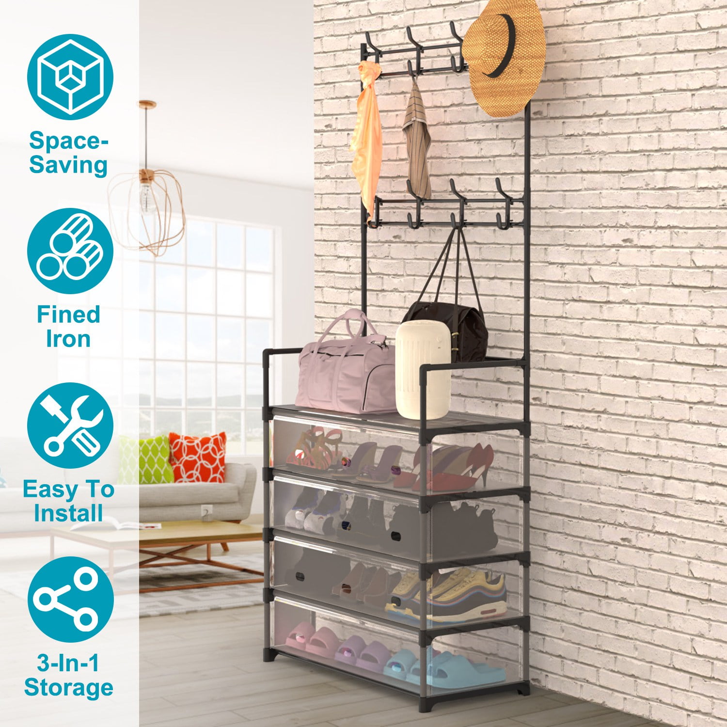 5-Tier Dustproof Entryway Hall Tree Coat Rack Shoe Rack Freestanding ...