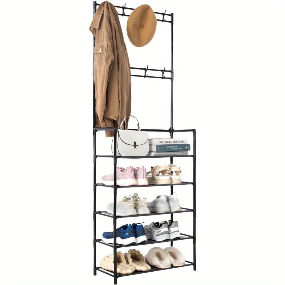 5-Tier Metal Shoe Rack, Cloak Rack with 8 Hooks, Suitable for Entrance ...