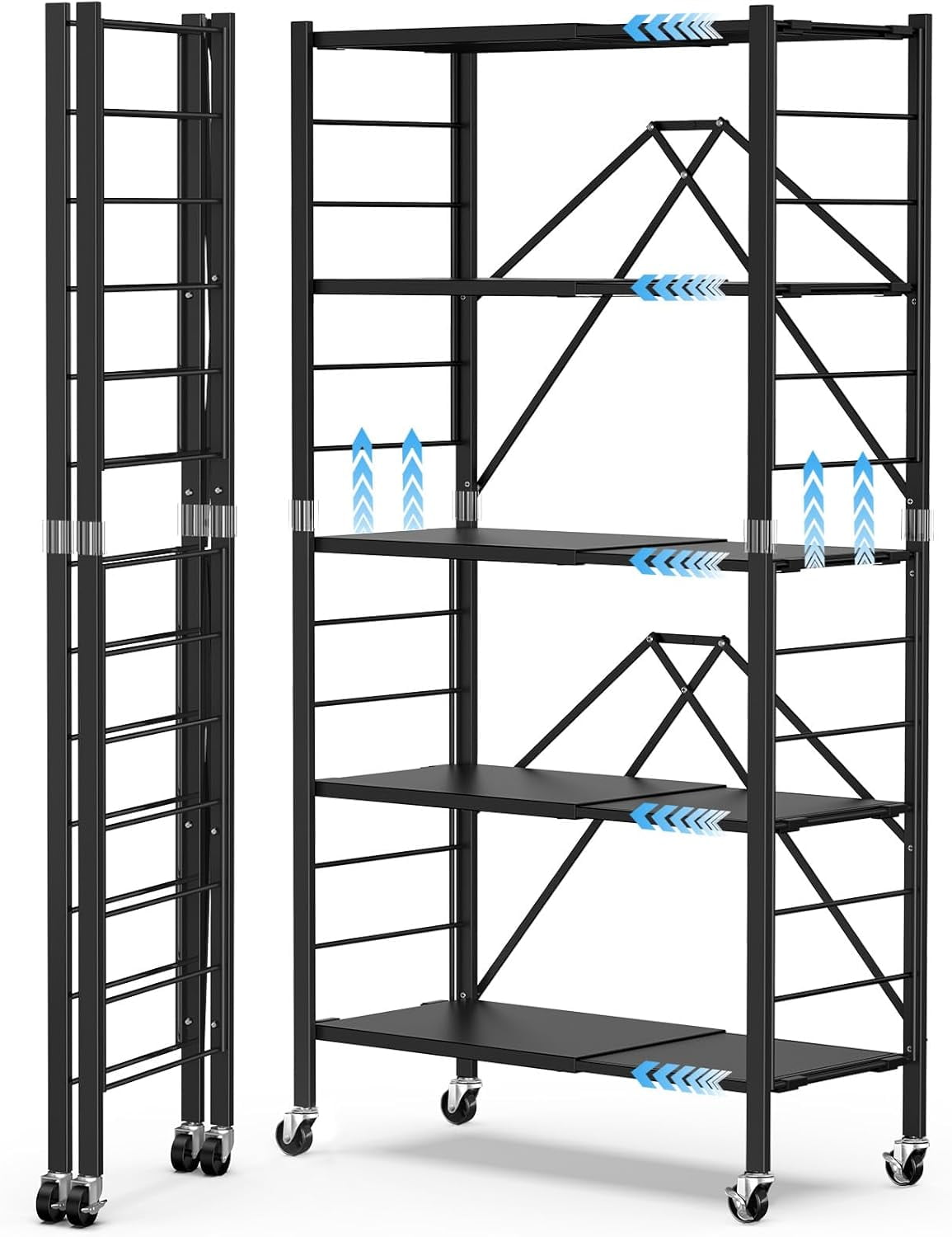 5 Tier Expandable Storage Shelves, Foldable Shelving Units with Wheels ...