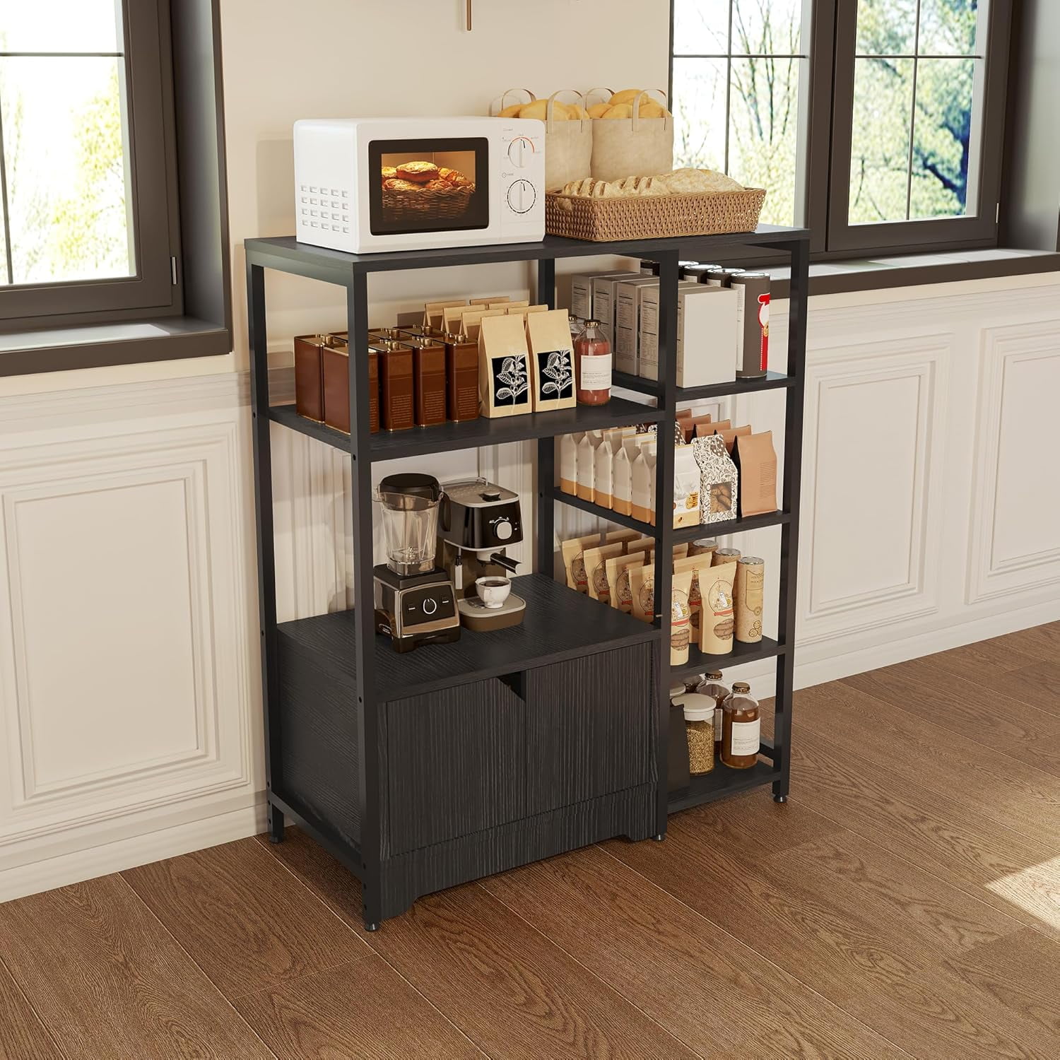 5-Tier Farmhouse Bakers Rack w/ Cabinet, Microwave Stand, Coffee Bar ...