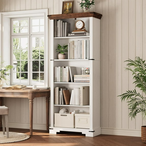 5-Tier Farmhouse Bookshelf, 61.1 inch Tall Bookcase with Storage ...