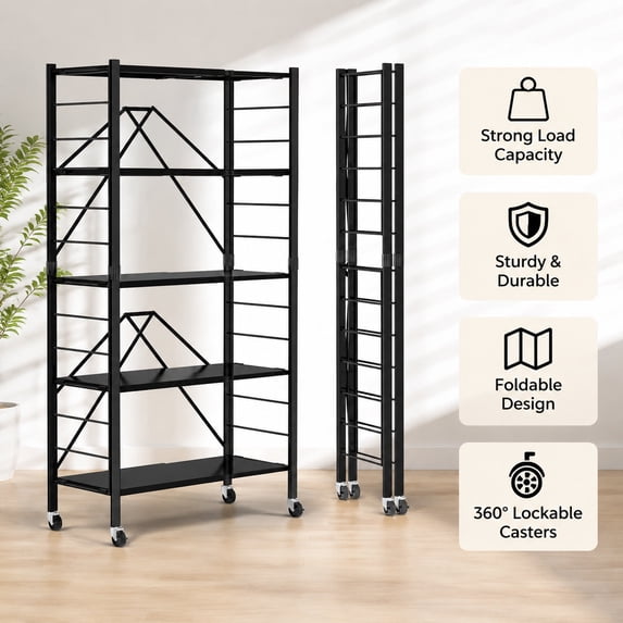 5-Tier Foldable Expandable Storage Shelves with Wheels, Kitchen ...