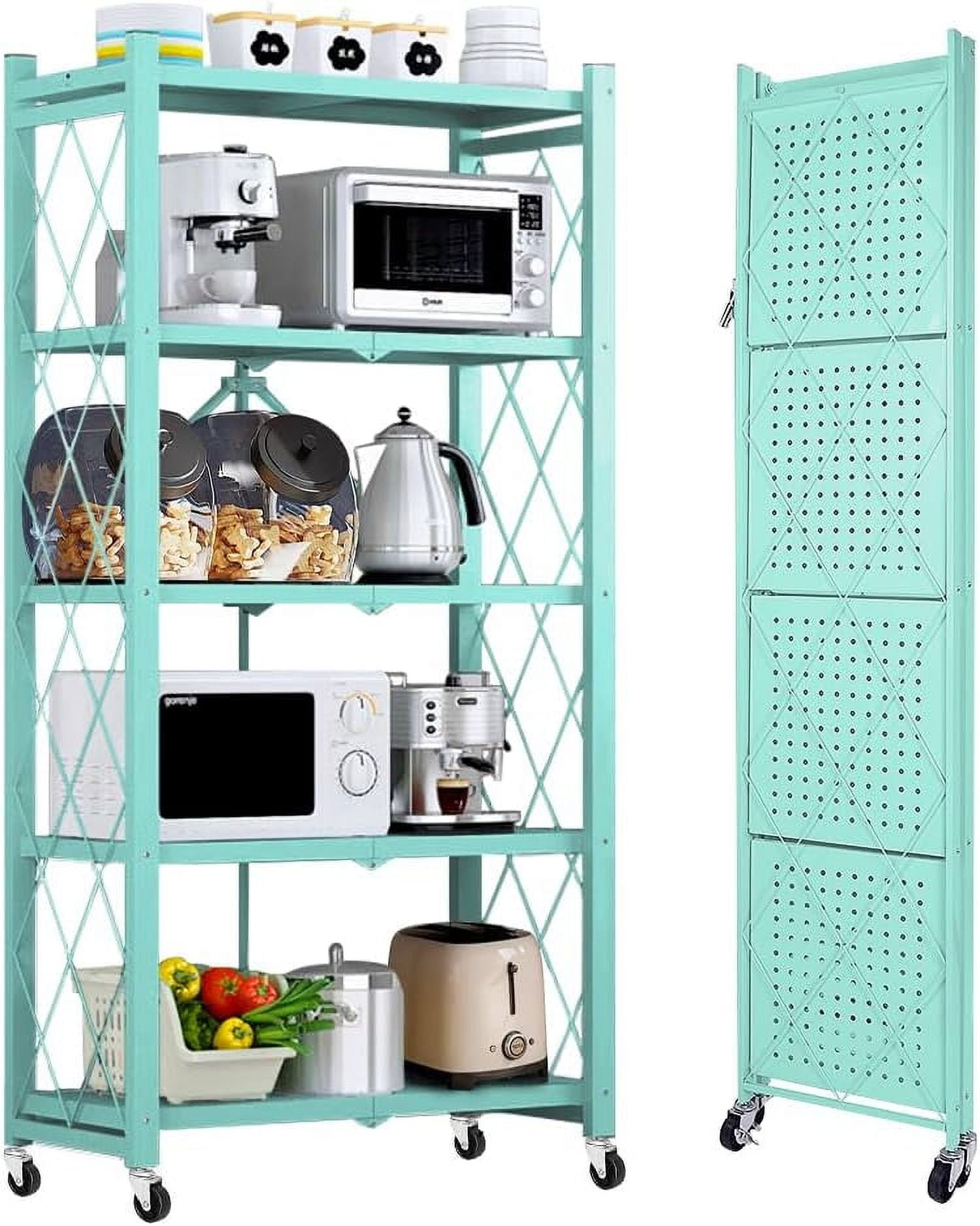 5-Tier Foldable Metal Storage Shelving Unit with Wheels and Hooks ...
