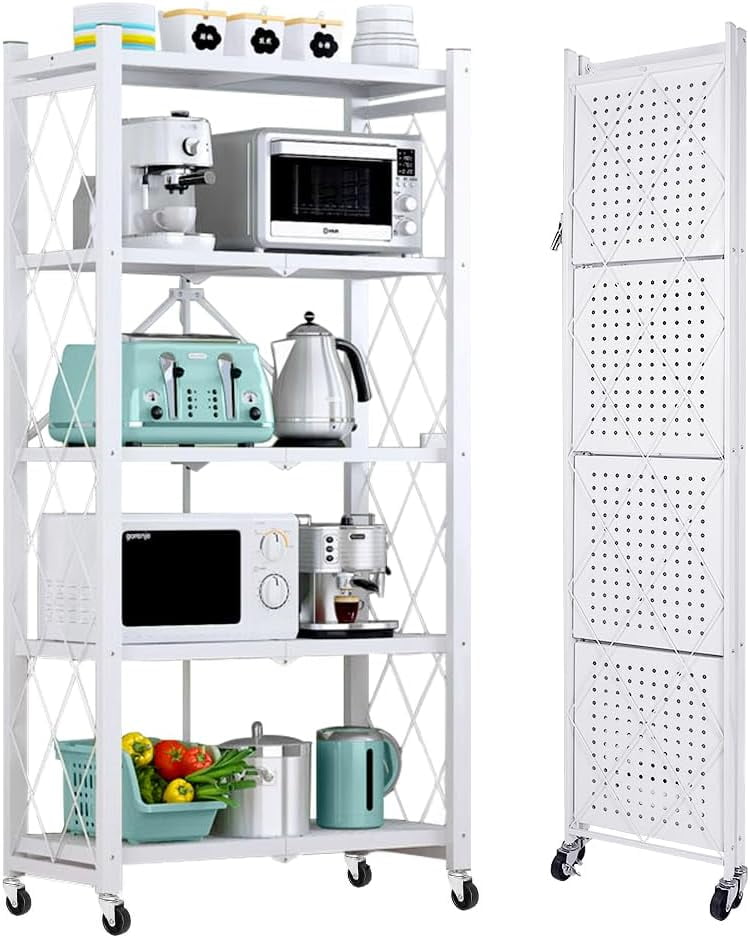 5-Tier Foldable Metal Storage Shelving Unit with Wheels and Hooks ...
