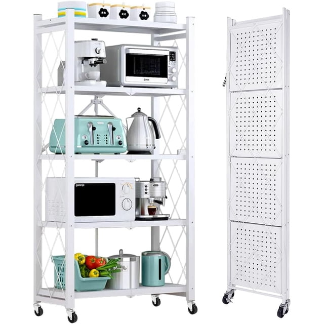 5-Tier Foldable Metal Storage Shelving Unit with Wheels and Hooks ...