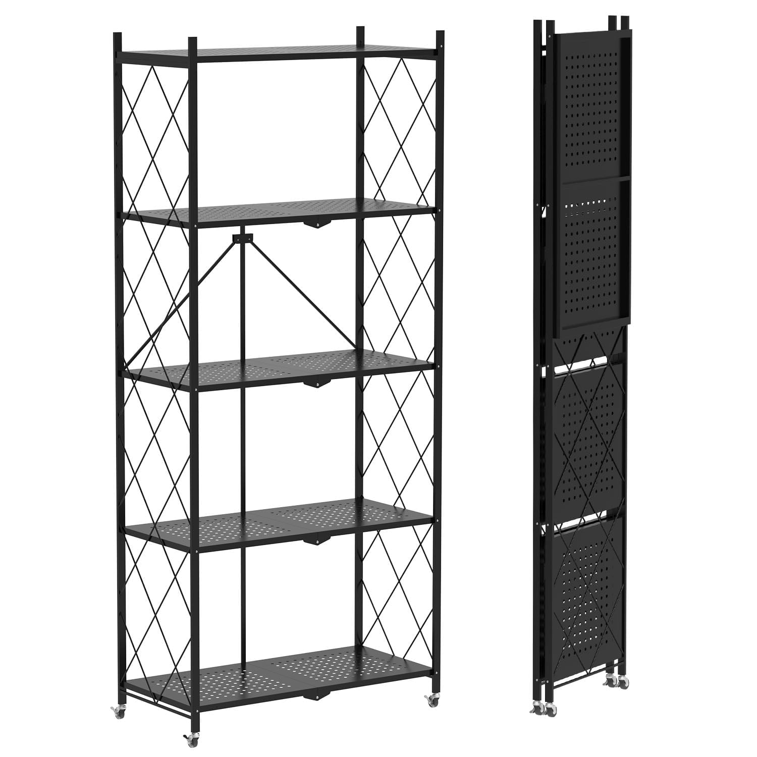 5 Tier Foldable Shelf with Wheels, Portable Carbon Steel No Assembly ...
