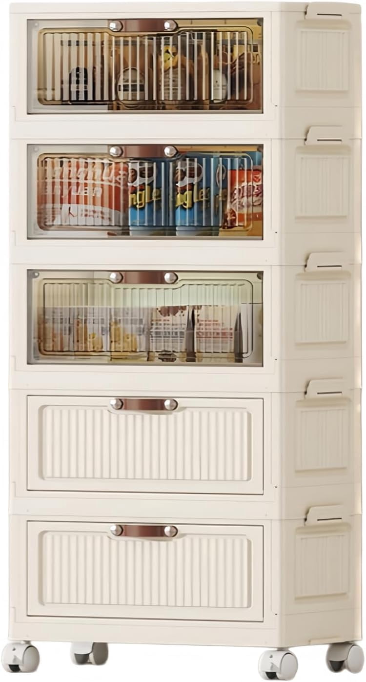 5-Tier Foldable Storage Cabinet with Lockable Wheels & Magnetic Lids ...