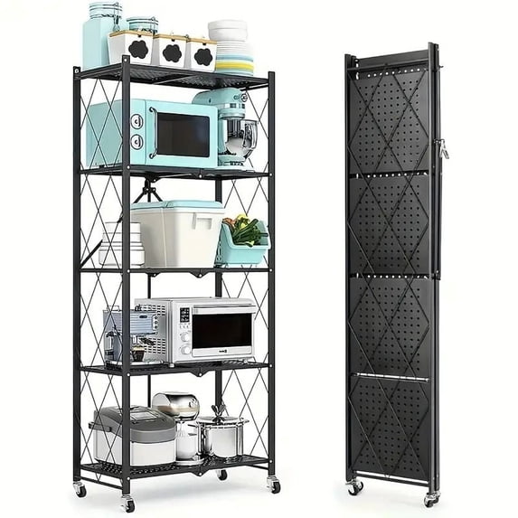 5-Tier Foldable Storage Rack with Wheels Multi-Purpose Metal Organizer ...