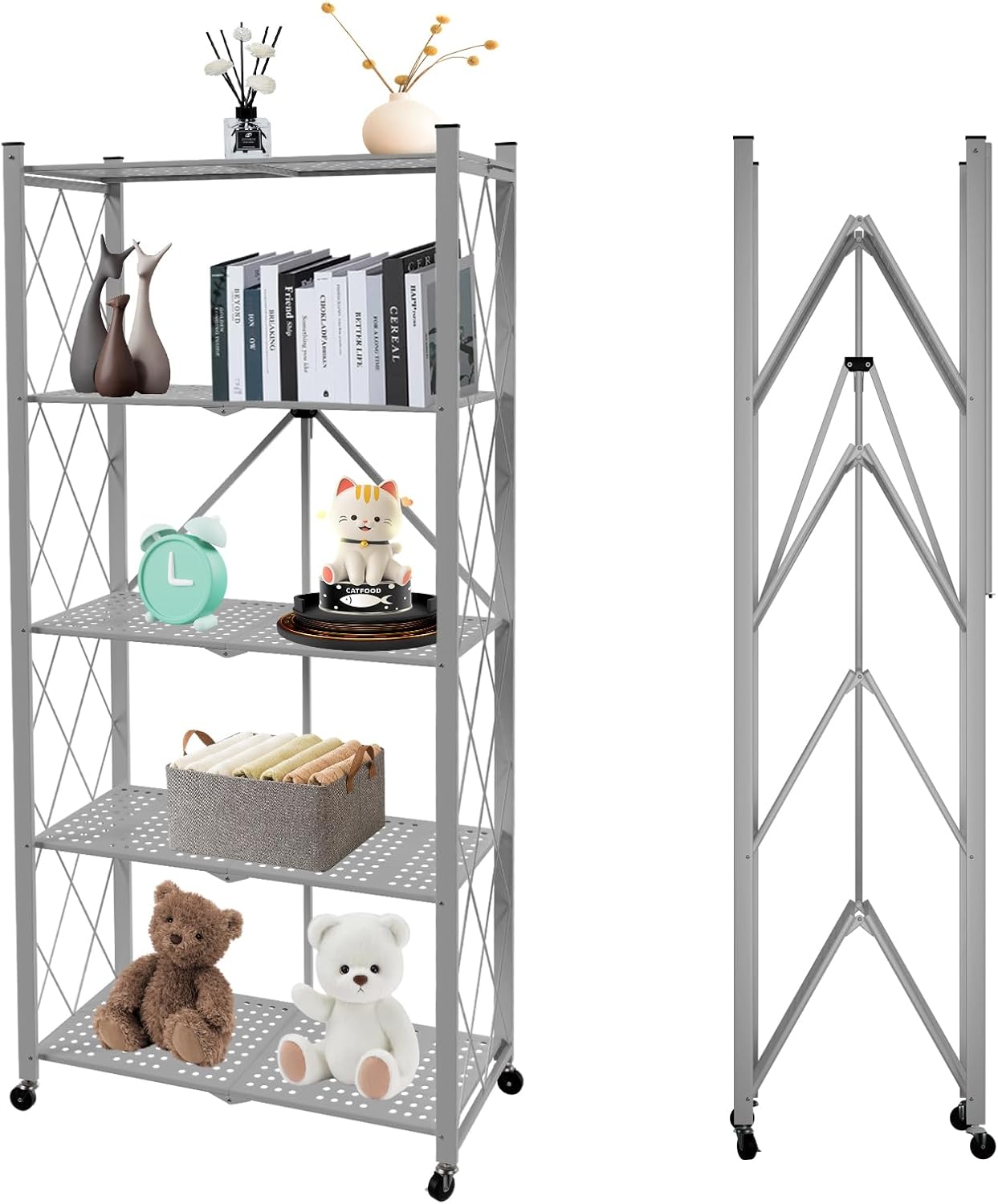 5 Tier Foldable Storage Shelf with Wheels, Heavy Duty Folding Shelf ...