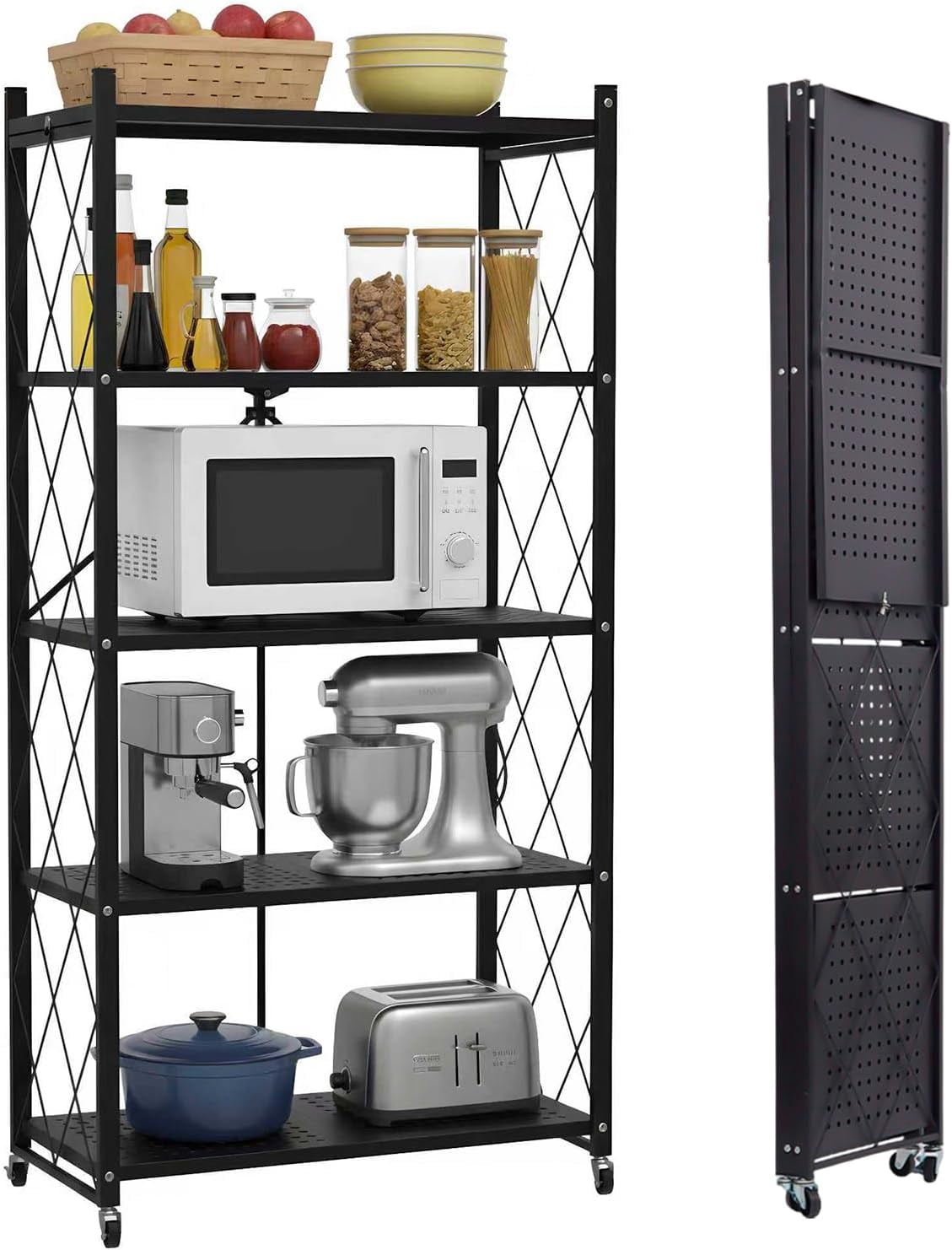5 Tier Foldable Storage Shelf with Wheels, Heavy-Duty Metal Shelving ...