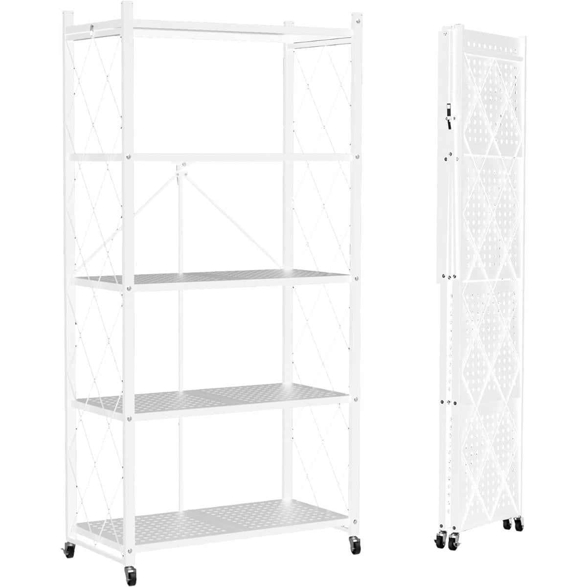 5-Tier Foldable Storage Shelf with Wheels - Metal Collapsible Shelving ...