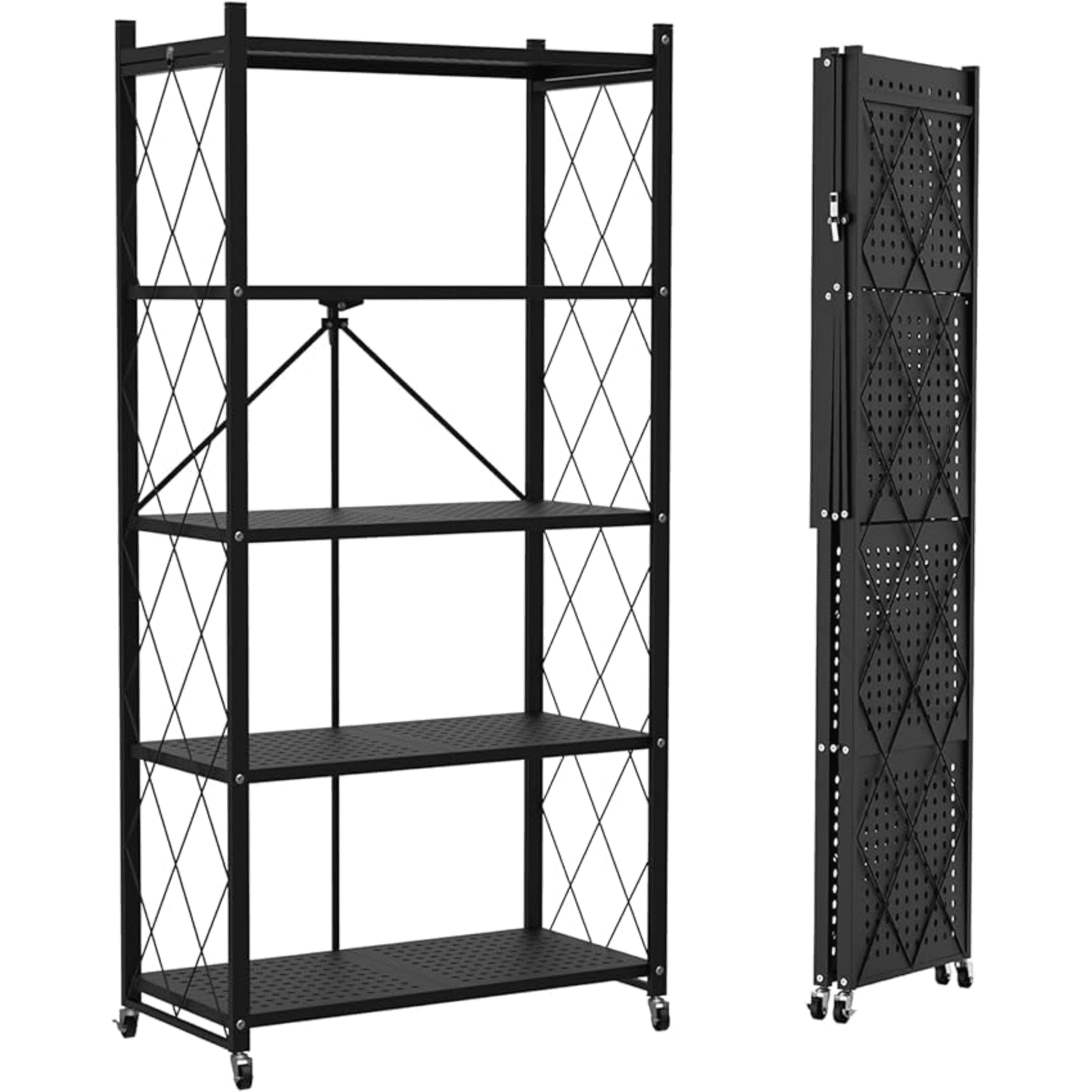 5-Tier Foldable Storage Shelf with Wheels - Metal Collapsible Shelving ...