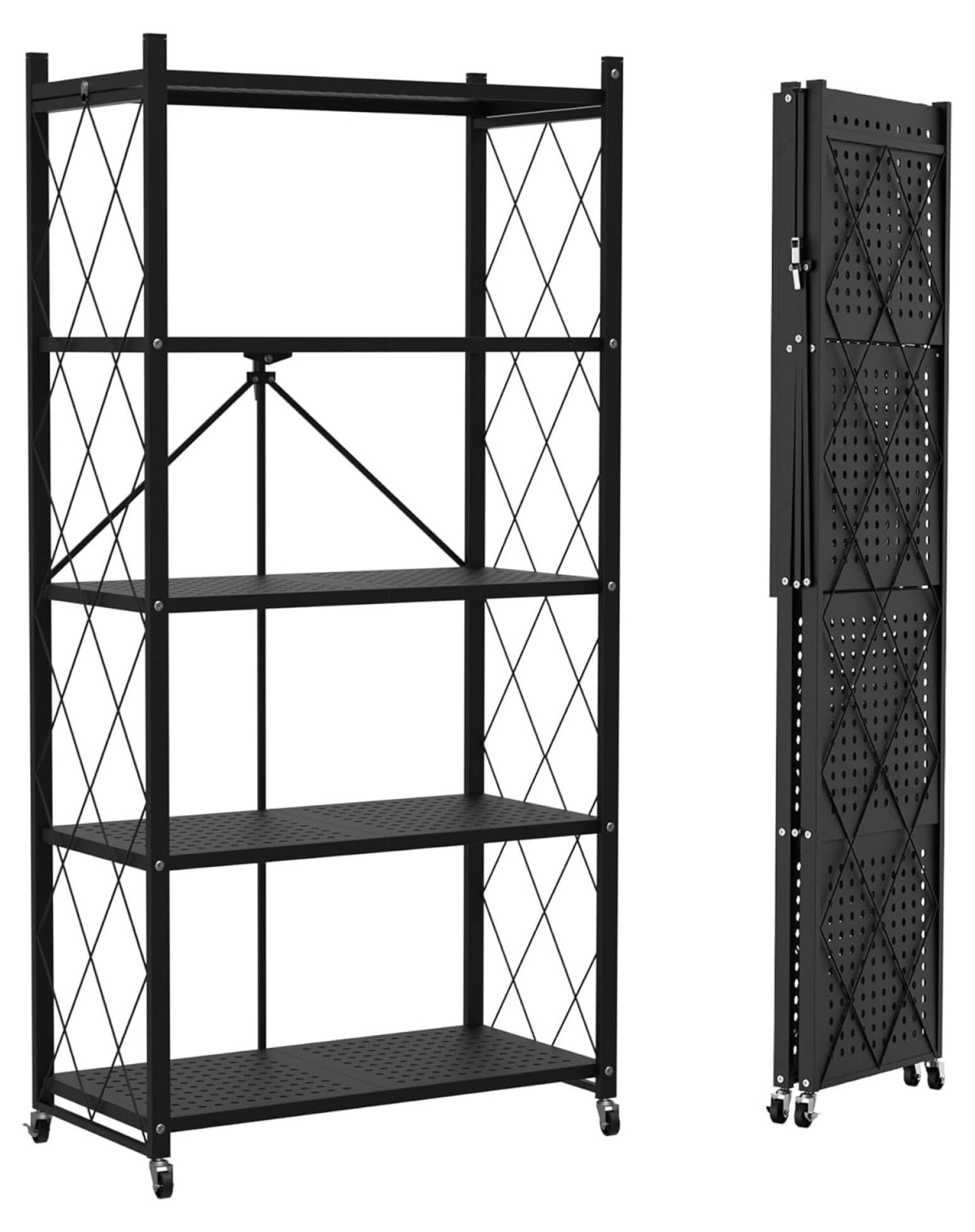 5-Tier Foldable Storage Shelf with Wheels - Metal Collapsible Shelving ...