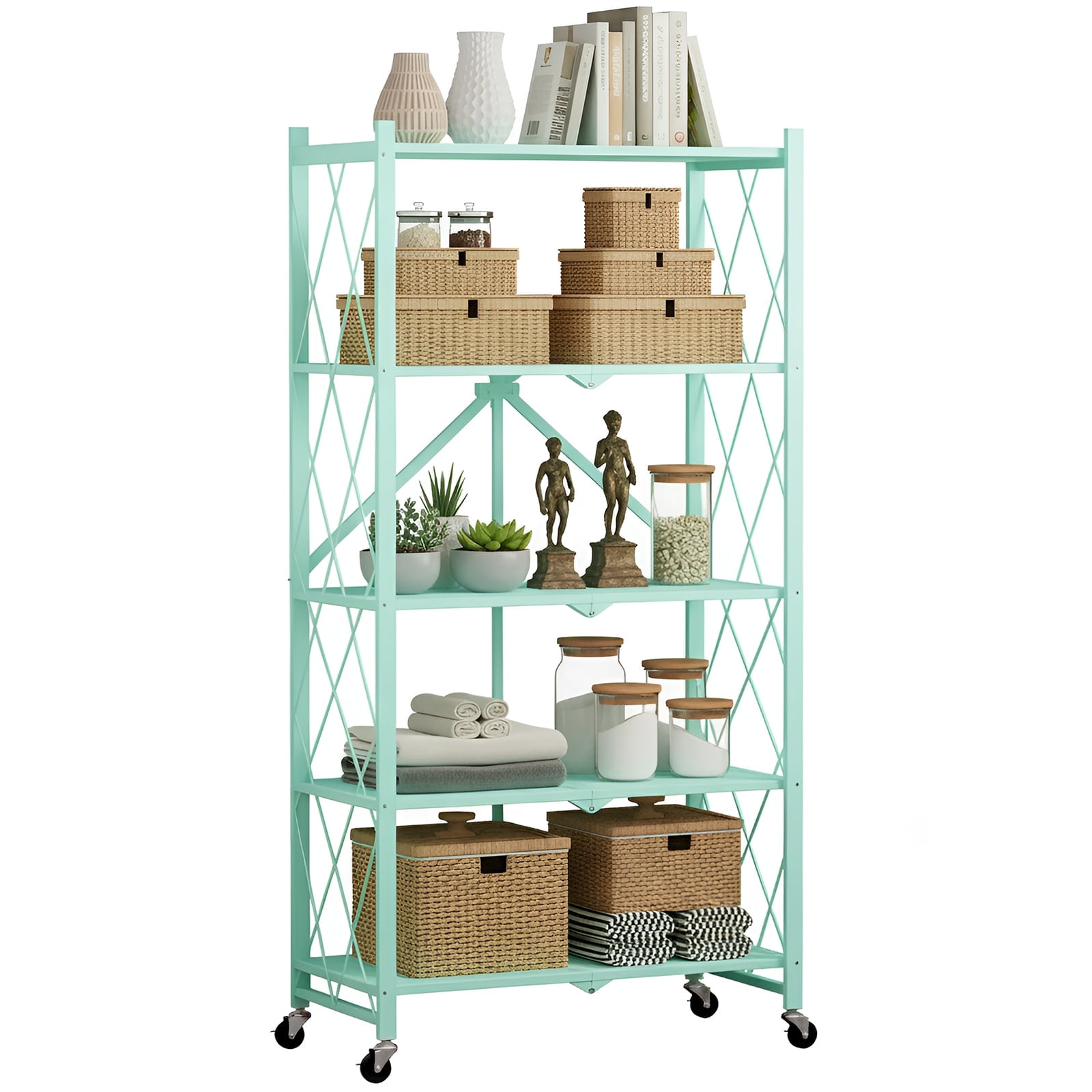 5 Tier Foldable Storage Shelves with Wheels, 28"Lx13"Dx63"H Rolling ...